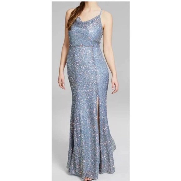 BCX | Dresses | Bcx Dresses Frost Blue Sequin Maxi Dress With Cowl Neck ...